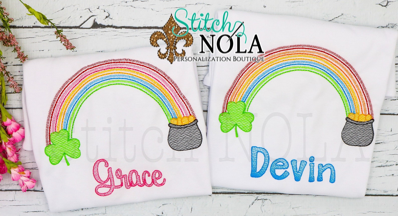 Rainbow Clover Pot of Gold Sketch Embroidery, Shamrock Shirt, St ...