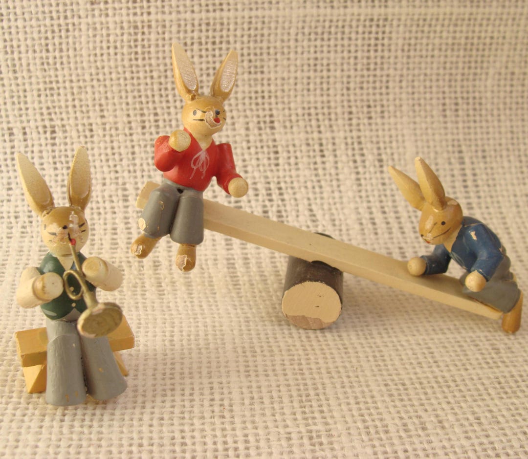 2 Vintage Erzgebirge German Wood Bunny Rabbit Figures - Seesaw Bunnies ...