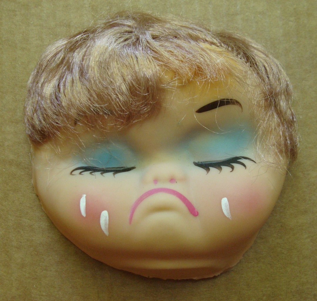 Unusual Vintage Crying Doll Face - 4 1/2" X 4" - Large Grumpy Sad Doll ...