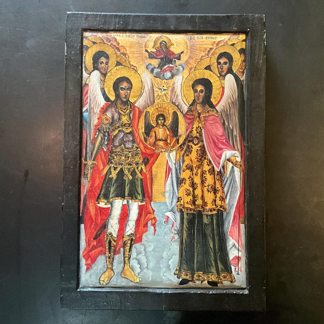 Polish Icon, the Archangels Michael and Gabriel, Angels, God and Christ ...