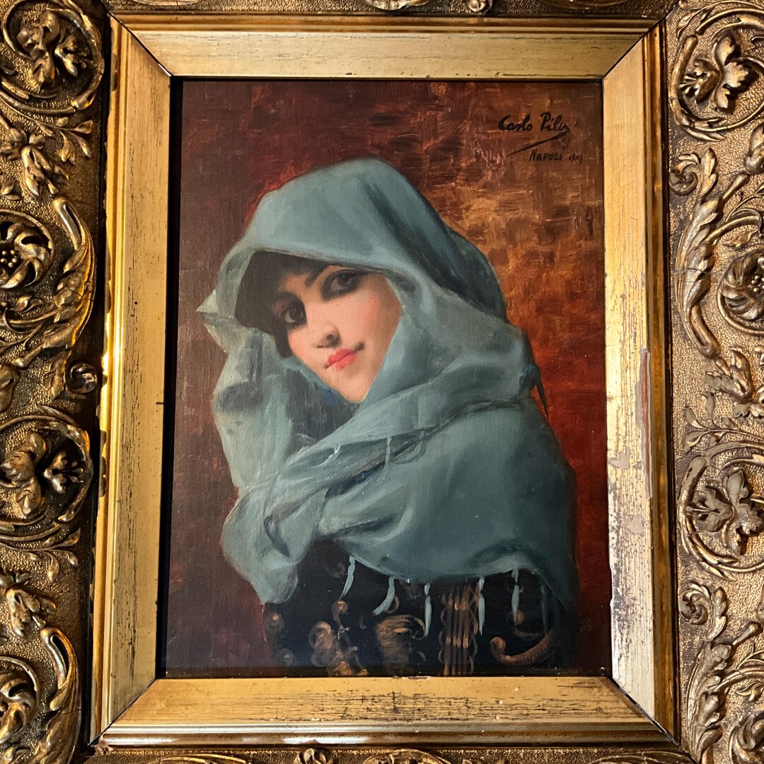 Oil Painting on Wood Panel, Portrait of a Young Girl With Blue Scarf ...