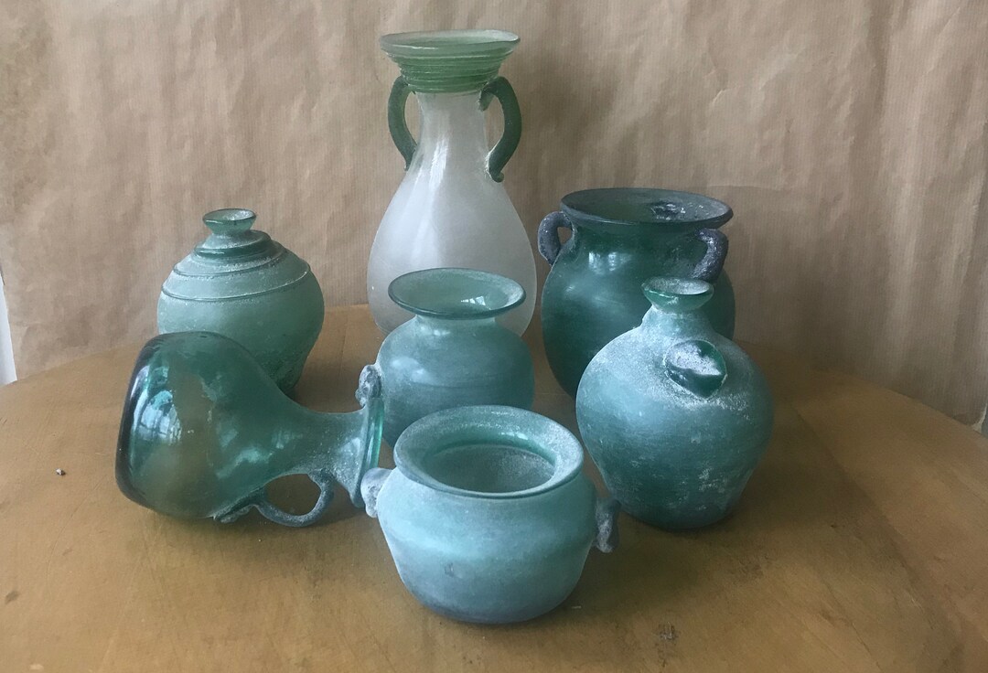 7 Vases, Imitation of Gallo-roman Vases, Irregular Glass, Sandblasted ...