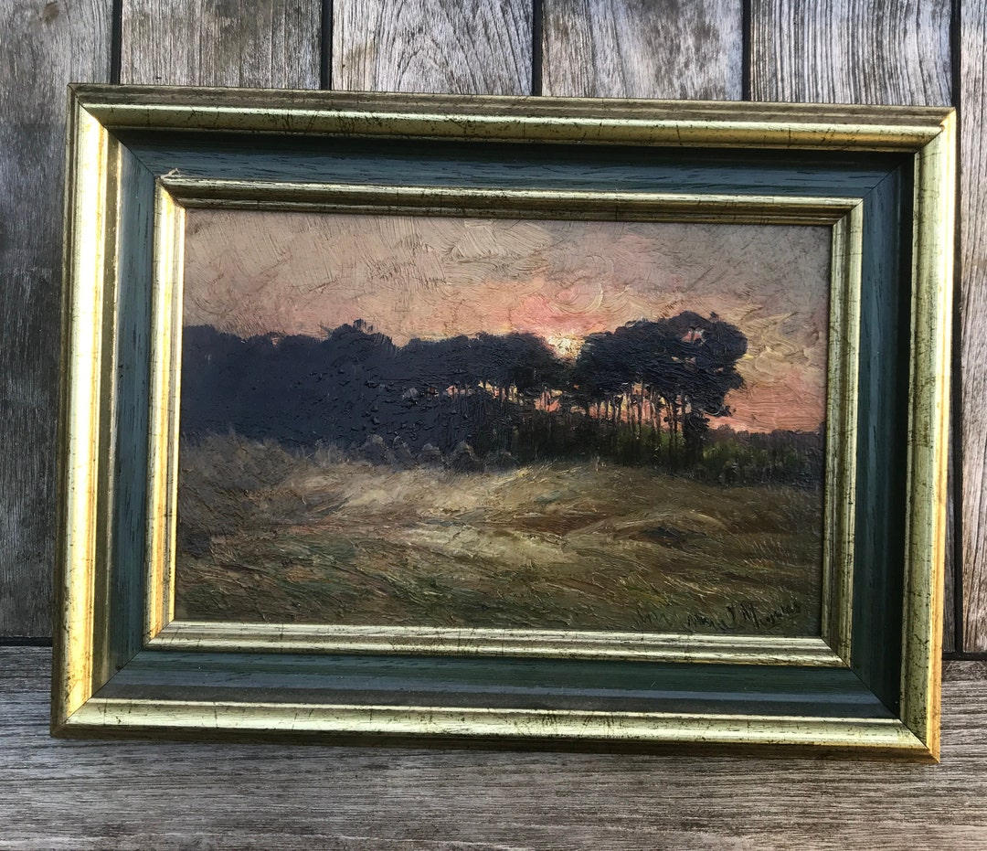 Oil Painting on Panel, Sunset With Fields and Trees, Isidore Meyers - Etsy