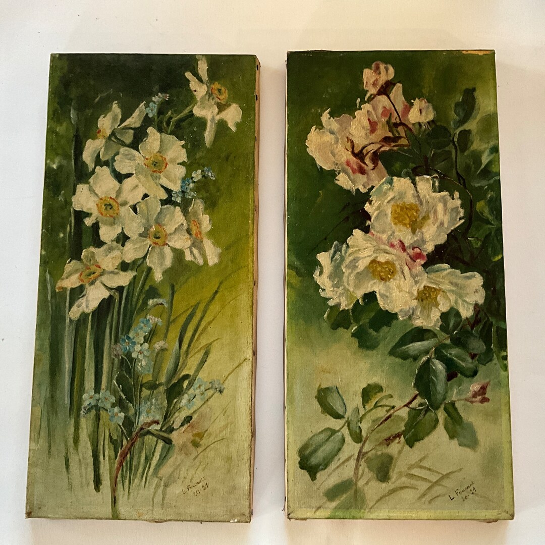 Pair of Oil Paintings of Flowers on Canvas, Wild Roses , Narcissus and ...