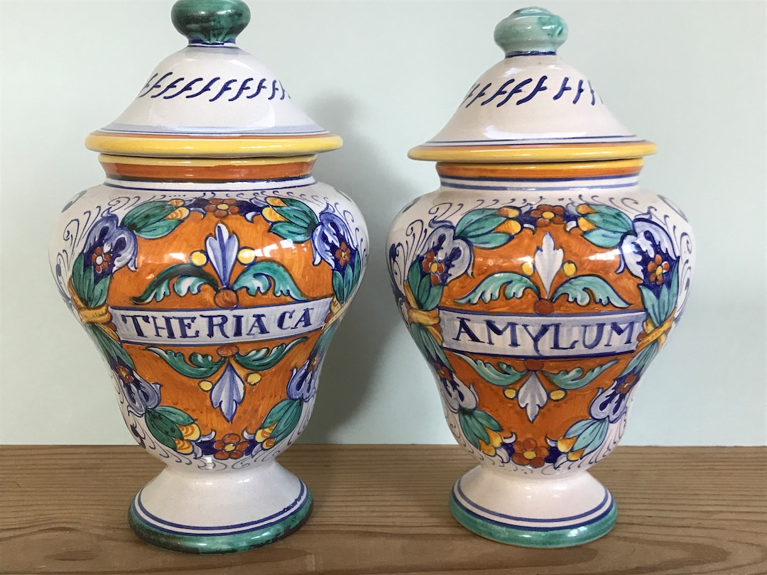 Pair of Medicine Jars With Lid, Hand Painted, Italian Majolica, Deruta ...