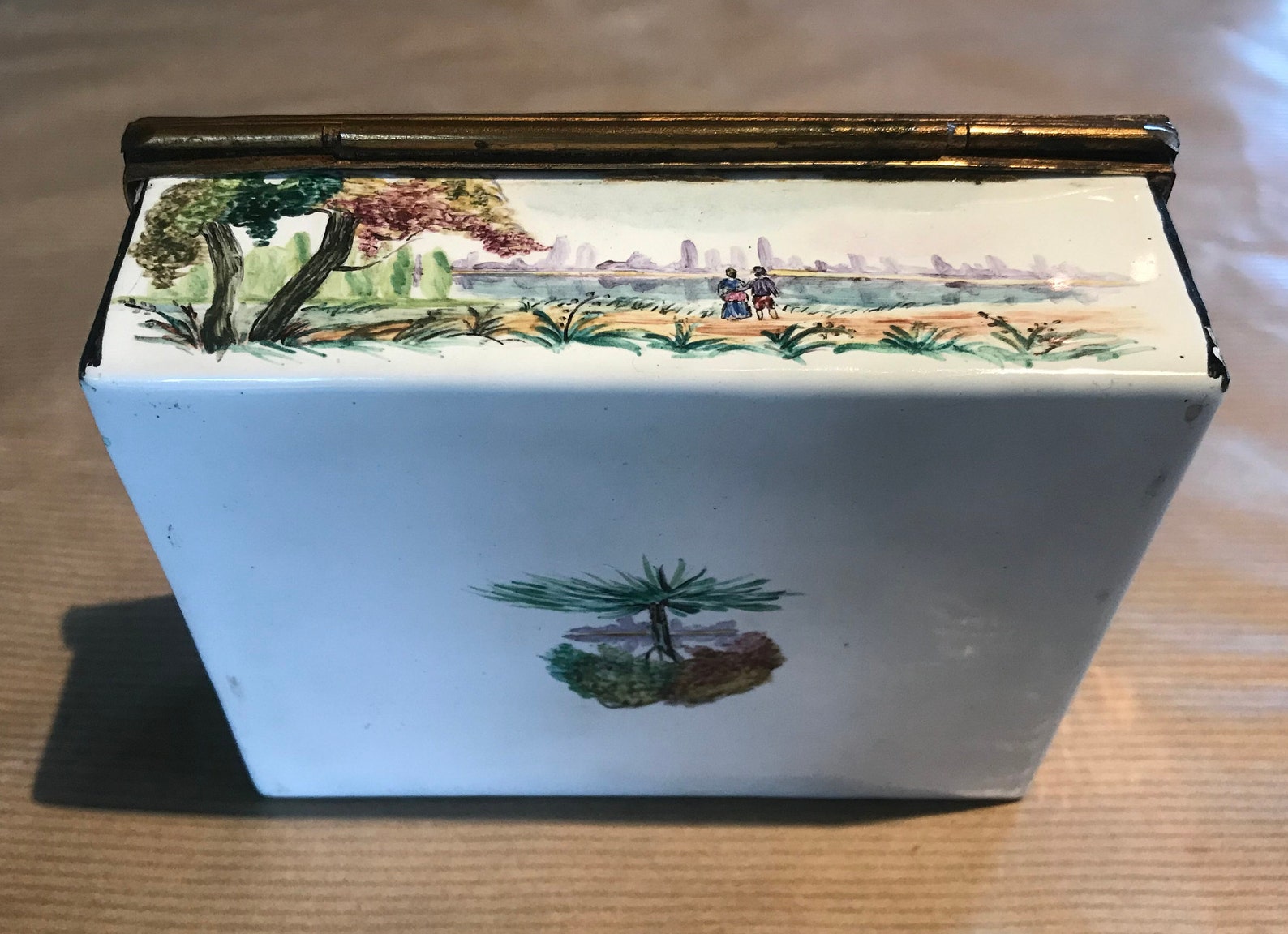 Enamelled Metal Box, Hand-painted Scene, Landscape With Characters ...