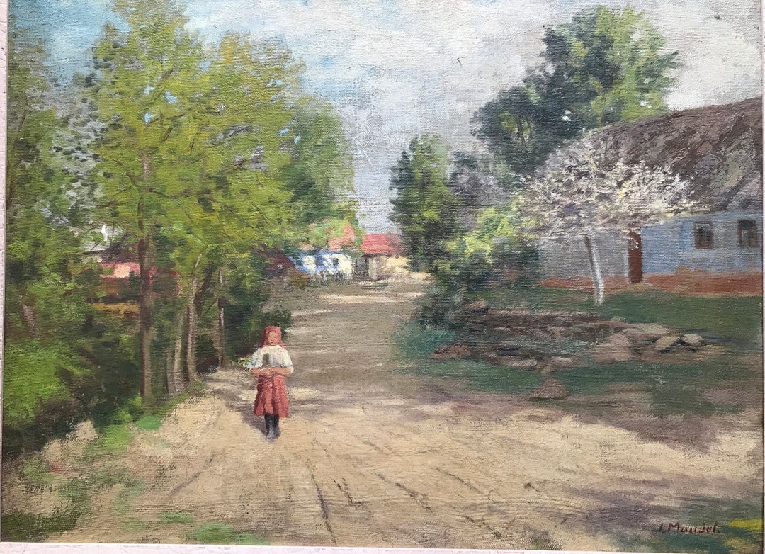 Oil Painting on Canvas, Landscape, Houses and Little Girl ...