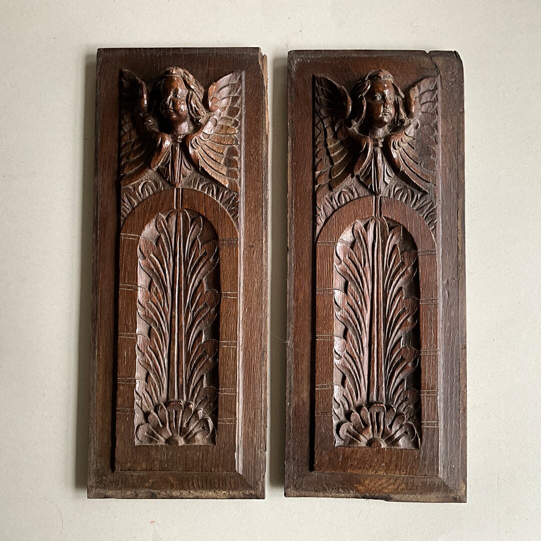 Pair of Carved Wooden Panels, Old Parts of Furniture, With Angels ...