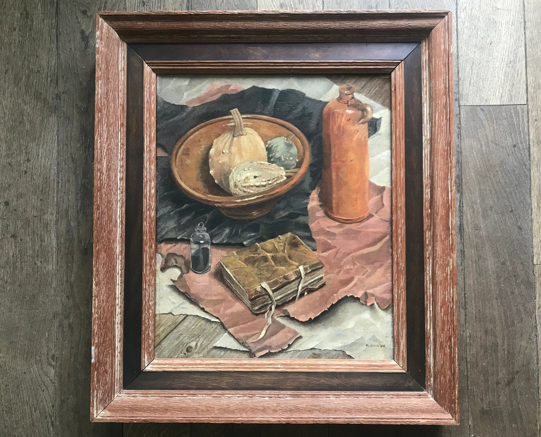 Oil Painting on Canvas. Still Life With Colocynths, Bottle and Book on ...