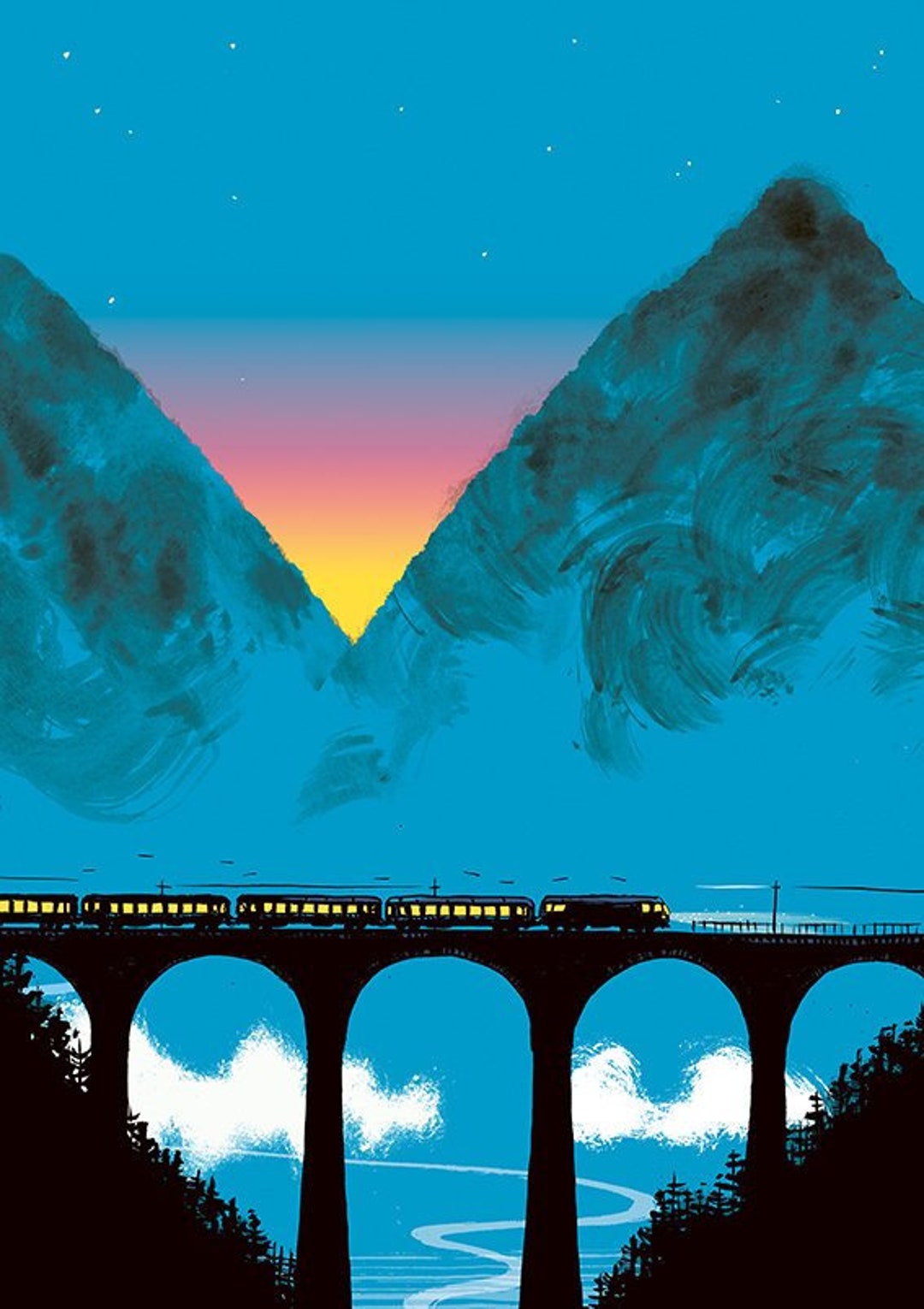 Poster Night Express Railway Travel Train Alps Mountains Nature Sunrise ...