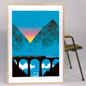 Poster Night Express Railway Travel Train Alps Mountains Nature Sunrise ...