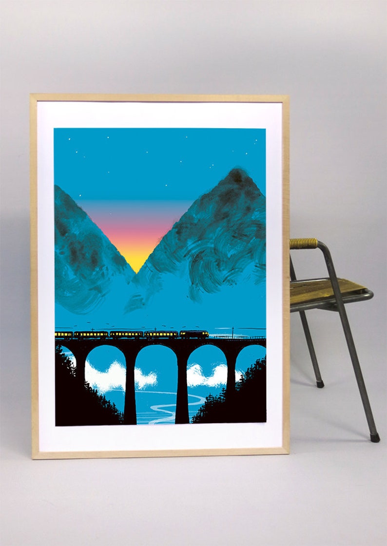 Poster Night Express Railway Travel Train Alps Mountains Nature Sunrise ...