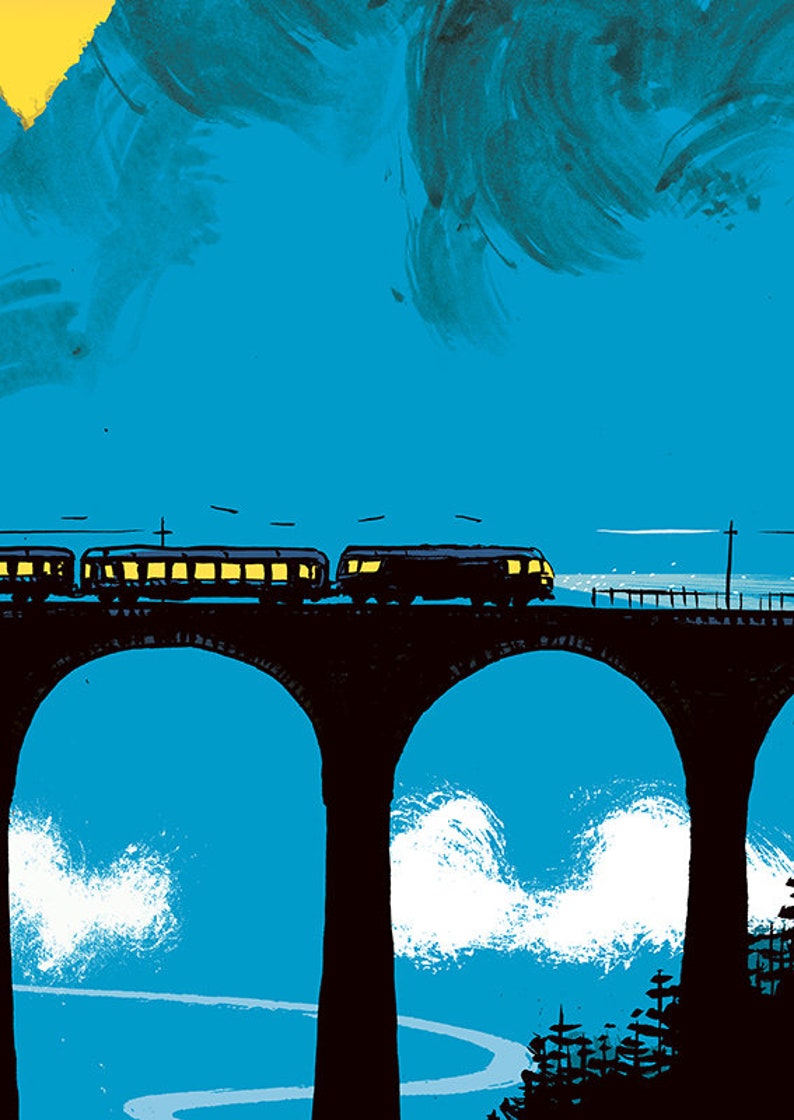 Poster Night Express Railway Travel Train Alps Mountains Nature Sunrise ...