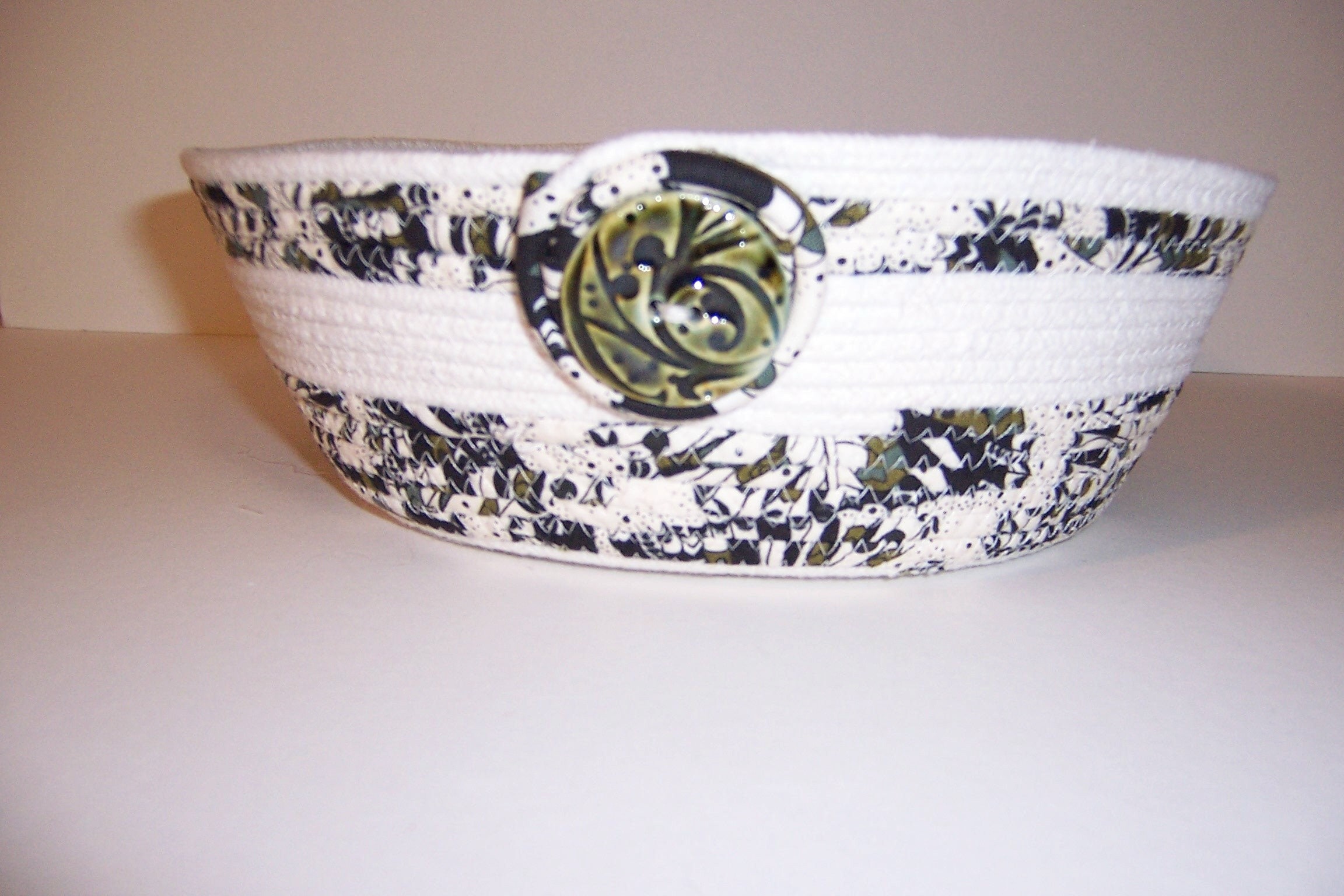 Large Rope Bowl, Ivory & Olive Container, Coiled Basket, Ceramic Button ...