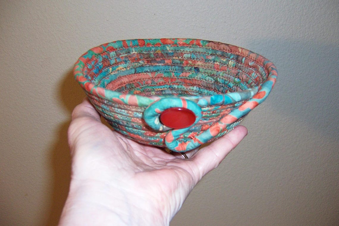 Small Rope Container, Batik Rope Bowl, Orange Green Basket, Coiled ...