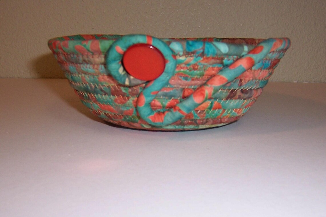Small Rope Container, Batik Rope Bowl, Orange Green Basket, Coiled ...