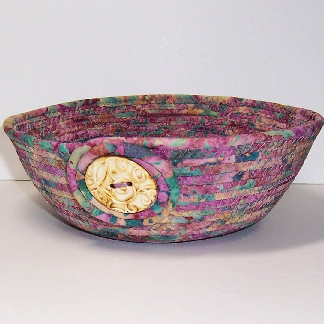 Coiled Batik Fabric Basket: Raspberry, Gold & Teal Bowl With Ceramic ...