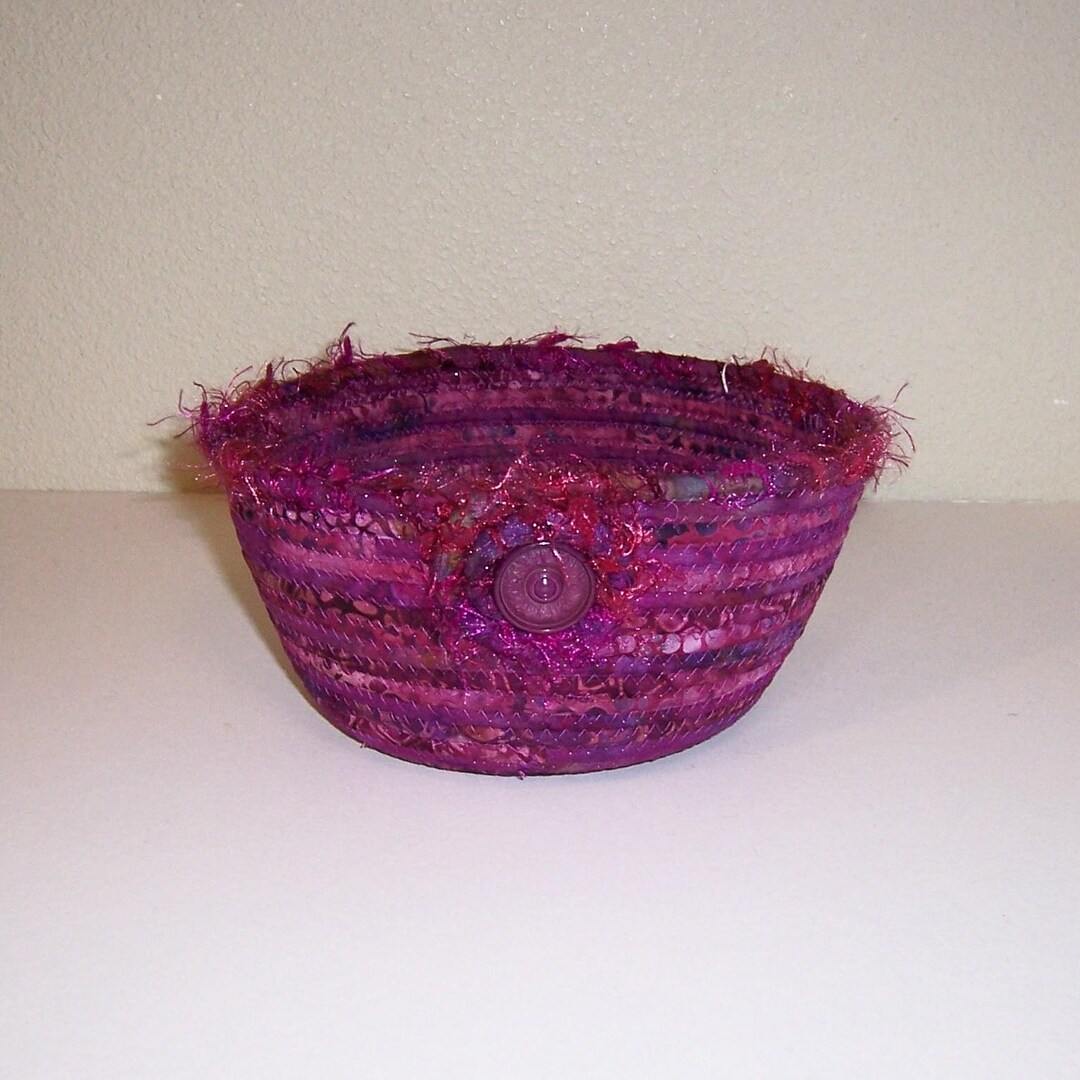 Plum Batik Coiled Rope Basket With Fringe Trim, Coiled Rope Container ...