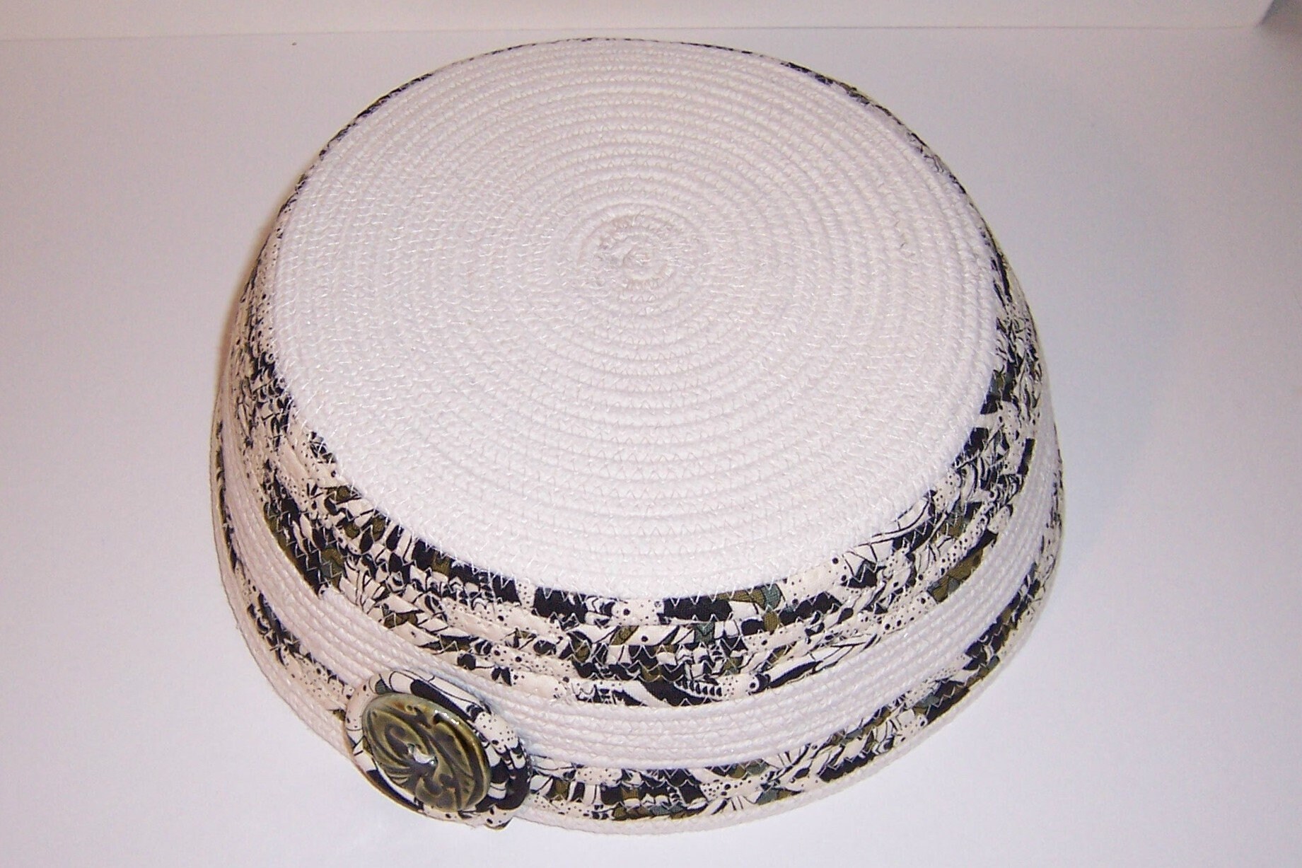 Large Rope Bowl, Ivory & Olive Container, Coiled Basket, Ceramic Button ...