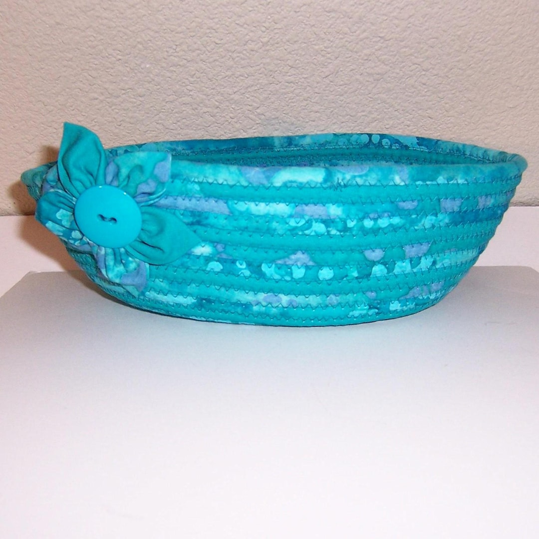 Oval Rope Bowl, Teal Batik Container, Coiled Fabric Basket, Decorative ...