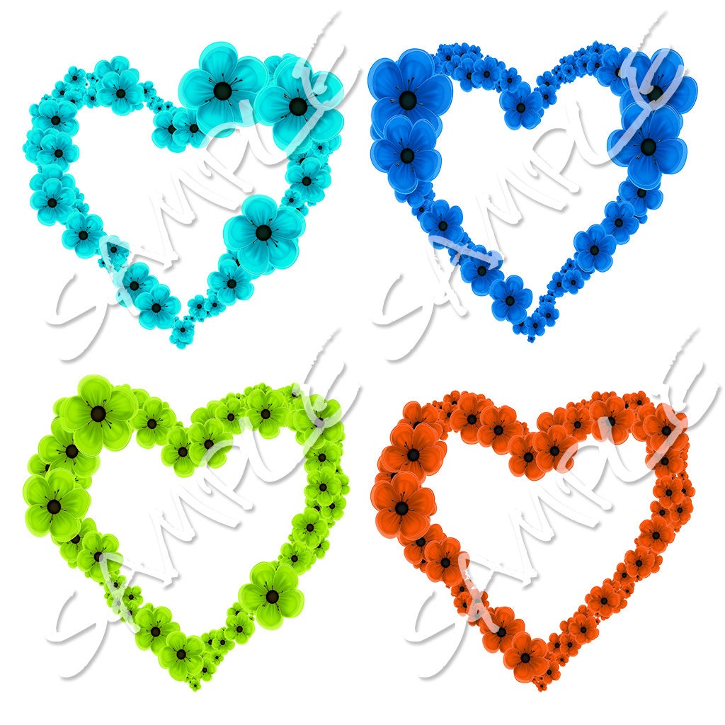 Modern Bright Coloured Flowery Heart Shaped Frames Wreaths 9 Inch PNG ...