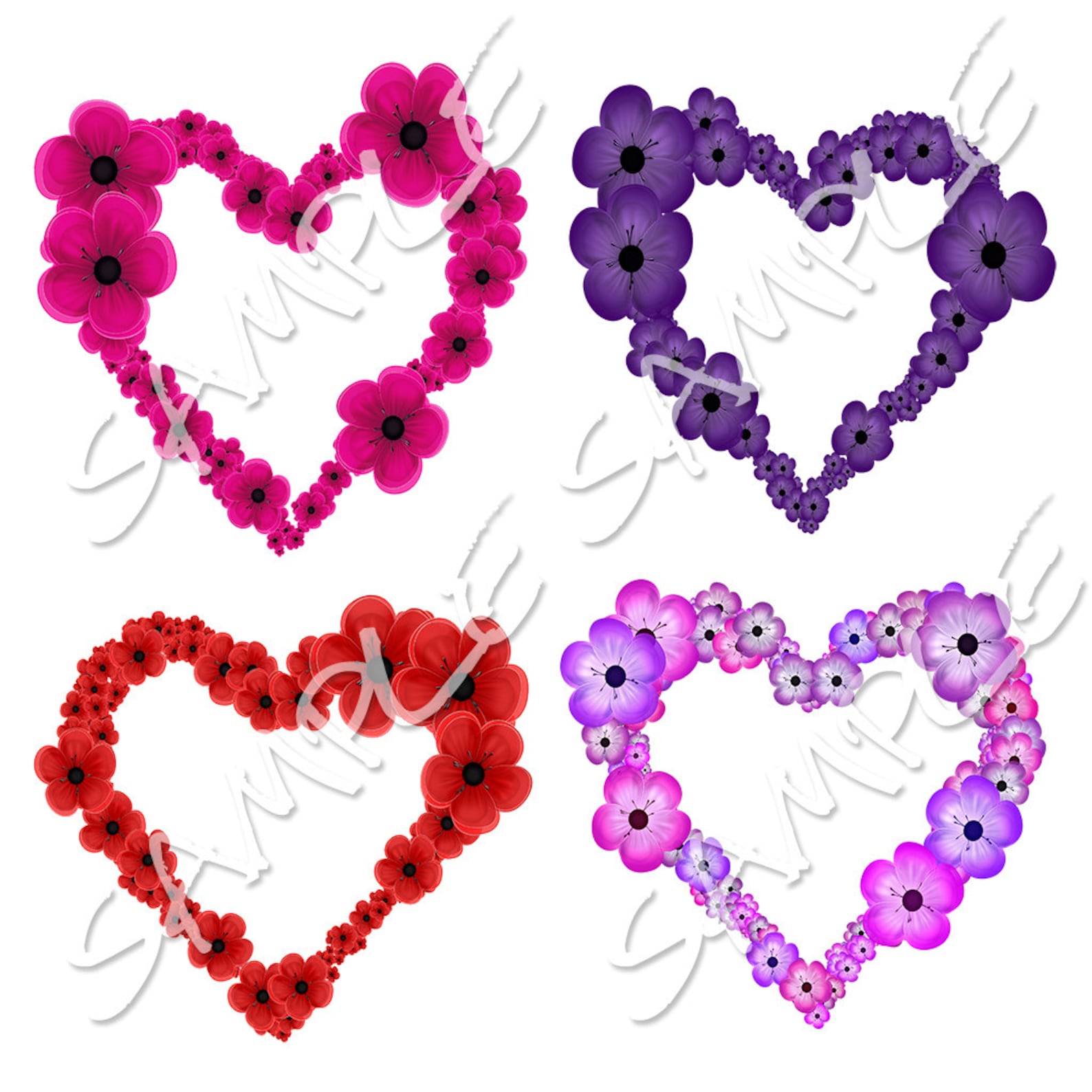 Modern Bright Coloured Flowery Heart Shaped Frames Wreaths 9 Inch PNG ...