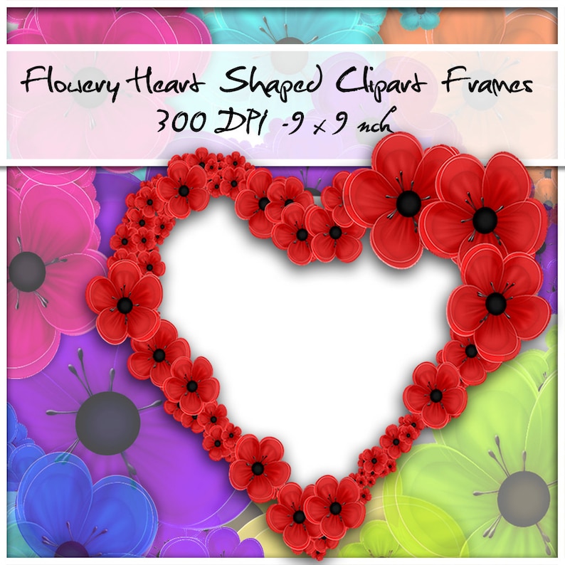 Modern Bright Coloured Flowery Heart Shaped Frames Wreaths 9 Inch PNG ...
