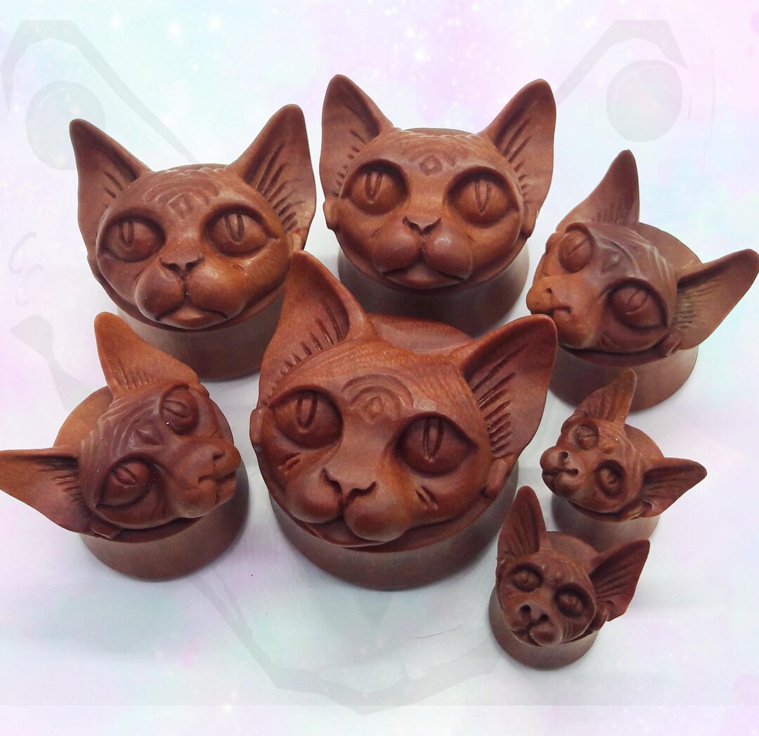 Carved Red Wood Sphynx Cat Ear Plugs: Big Gauge Pair - Etsy