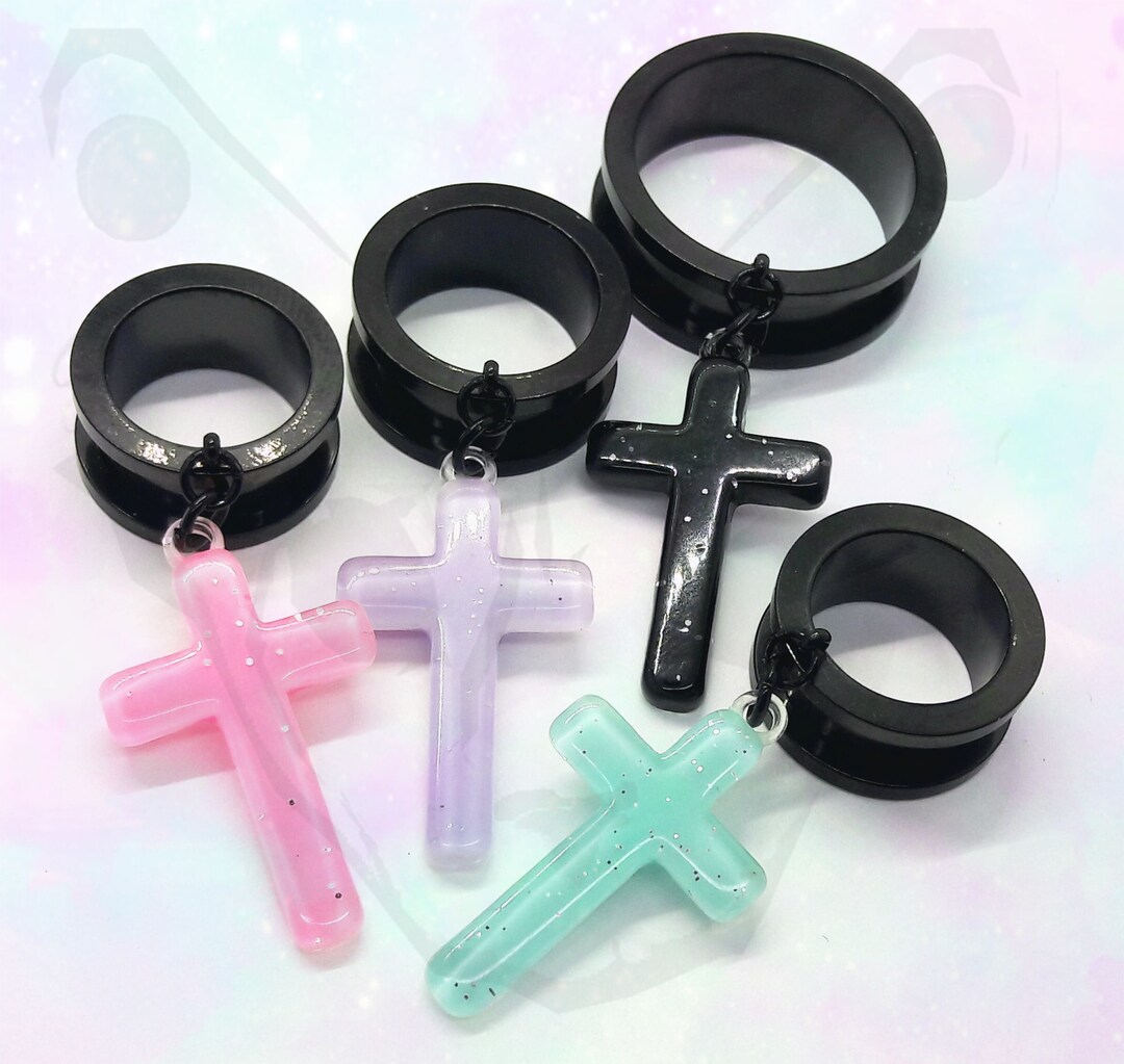 Pair of Pastel Glitter Cross Goth Pendant Dangle Ear Plug Tunnel - Etsy