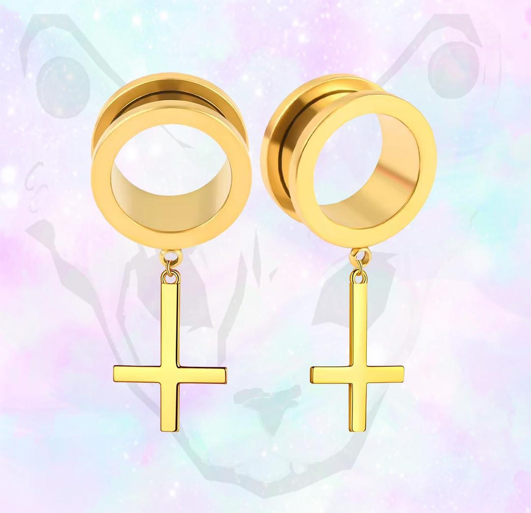 Wicked Small Gold Inverted Upside Down Cross Goth Pendant Dangle Ear ...