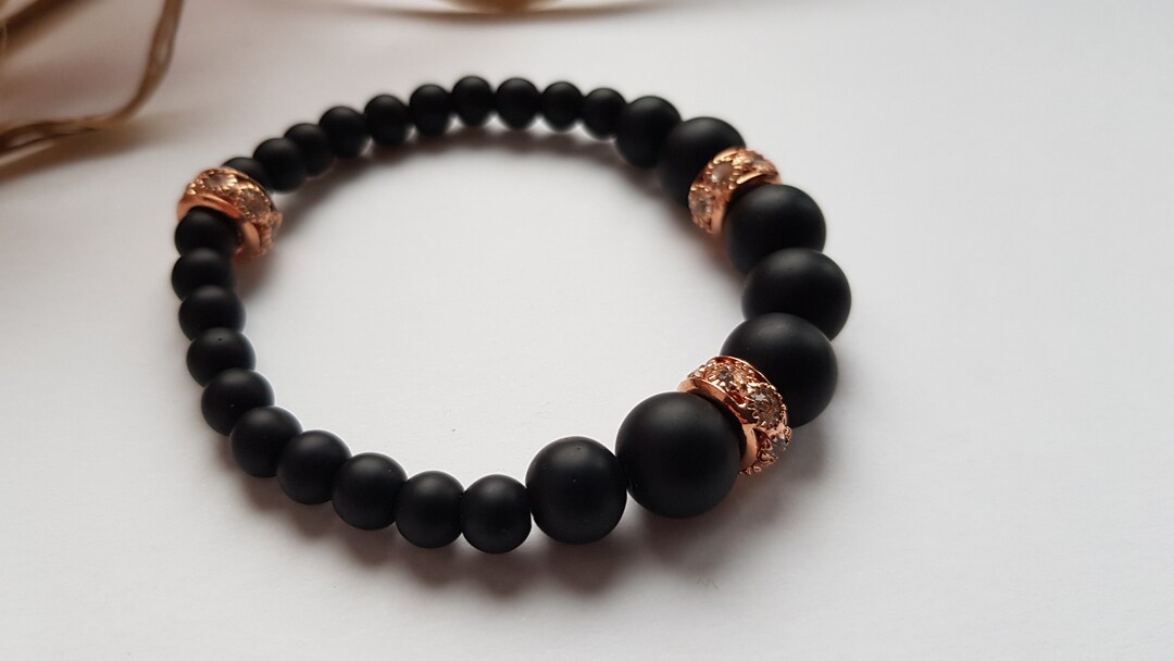 Beaded Black Bracelet, Black Crystal, Stretchy Bracelet, Shungite ...