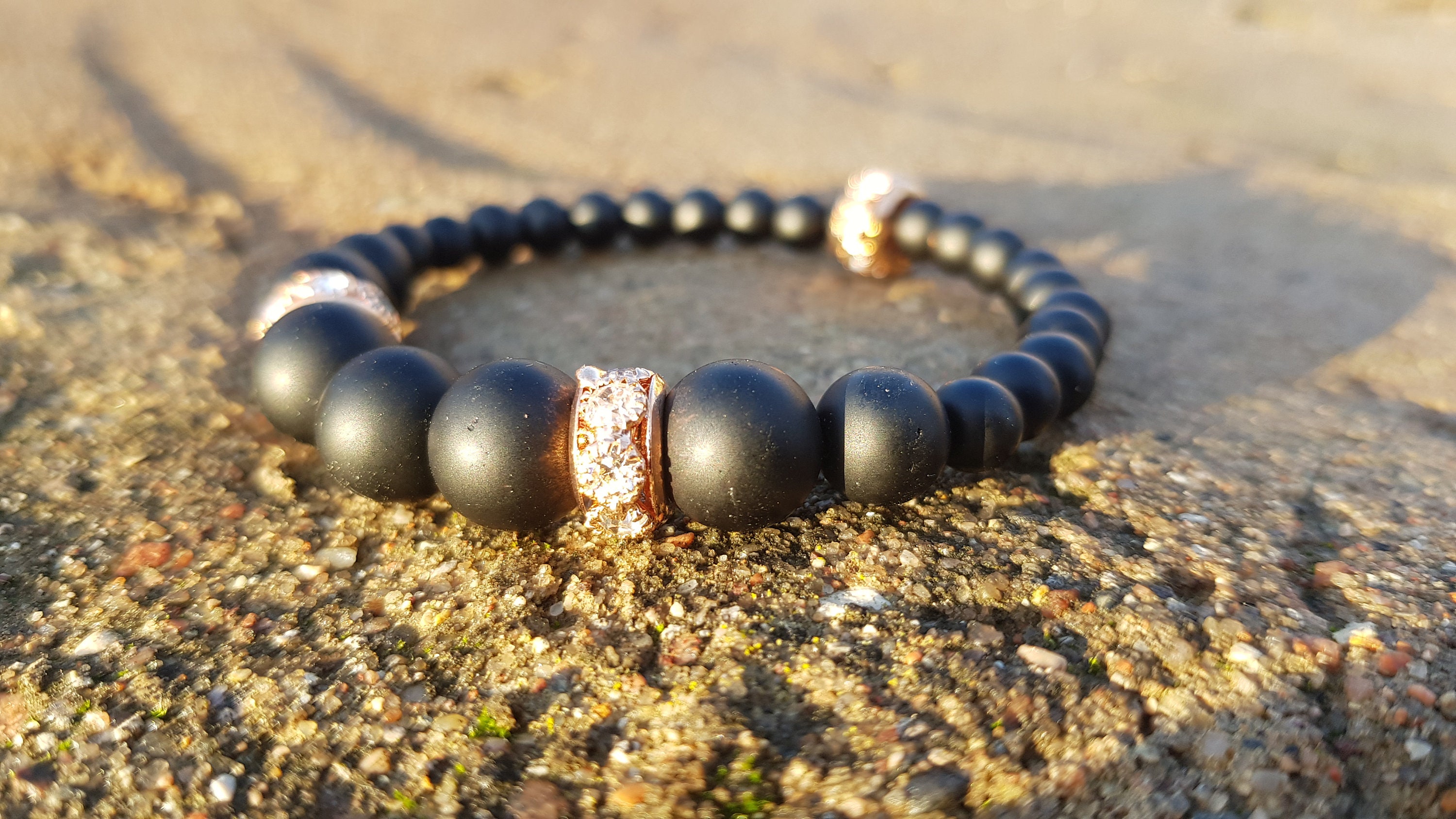 Beaded Black Bracelet, Black Crystal, Stretchy Bracelet, Shungite ...