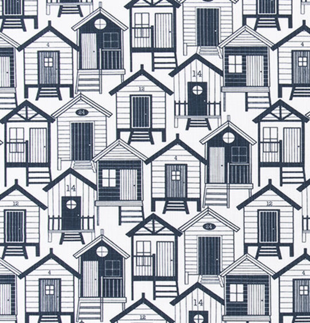 4 Yard REMNANT Beach Shack Print Fabric: Navy Blue Slub Cotton, 4 Yards ...