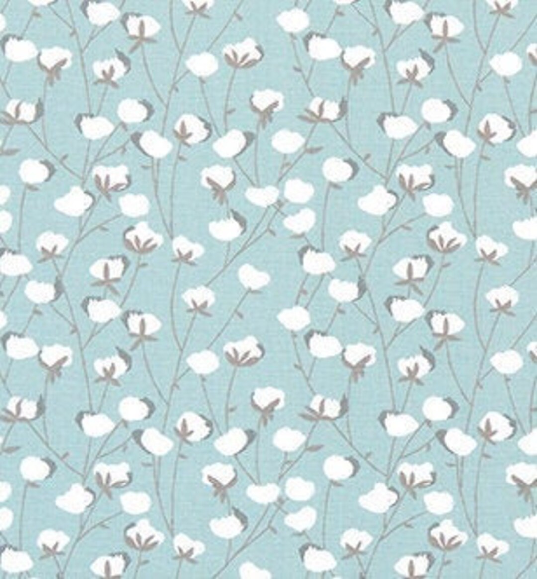 Farmhouse Blue and White Cotton Bolls Print Fabric by the Yard: Drapery ...