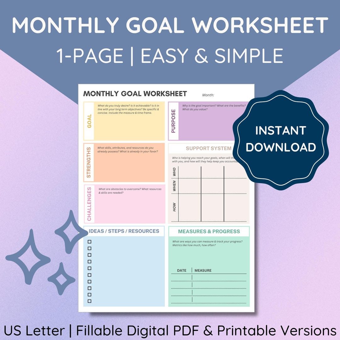 SMART Goal Monthly Worksheet Template | 11 in X 8.5 in US Letter | 1 ...