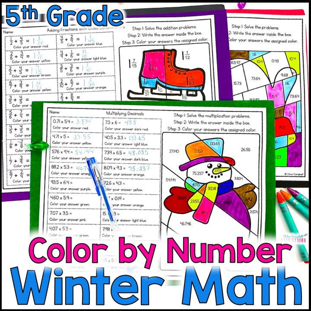 Winter Color by Number - Math Coloring Center - 5th Grade Math Review ...