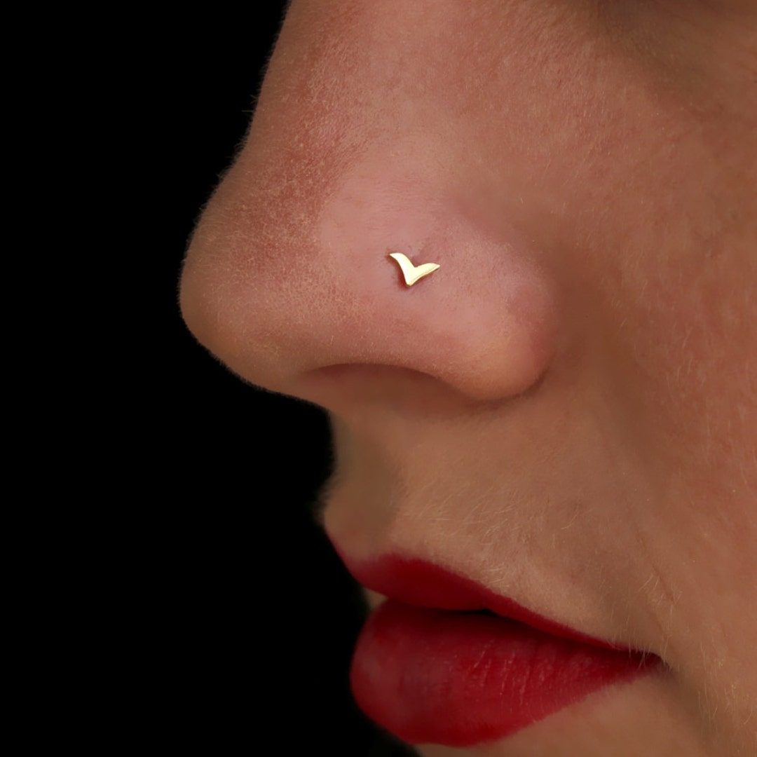 14K Solid Gold Nose Ring Stud, Real Gold Nose Stud, Bird Nose Stud ...