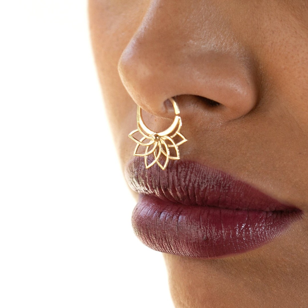 14K Gold Septum Ring, Tribal Septum, Gold Septum Hoop, Lotus Septum ...