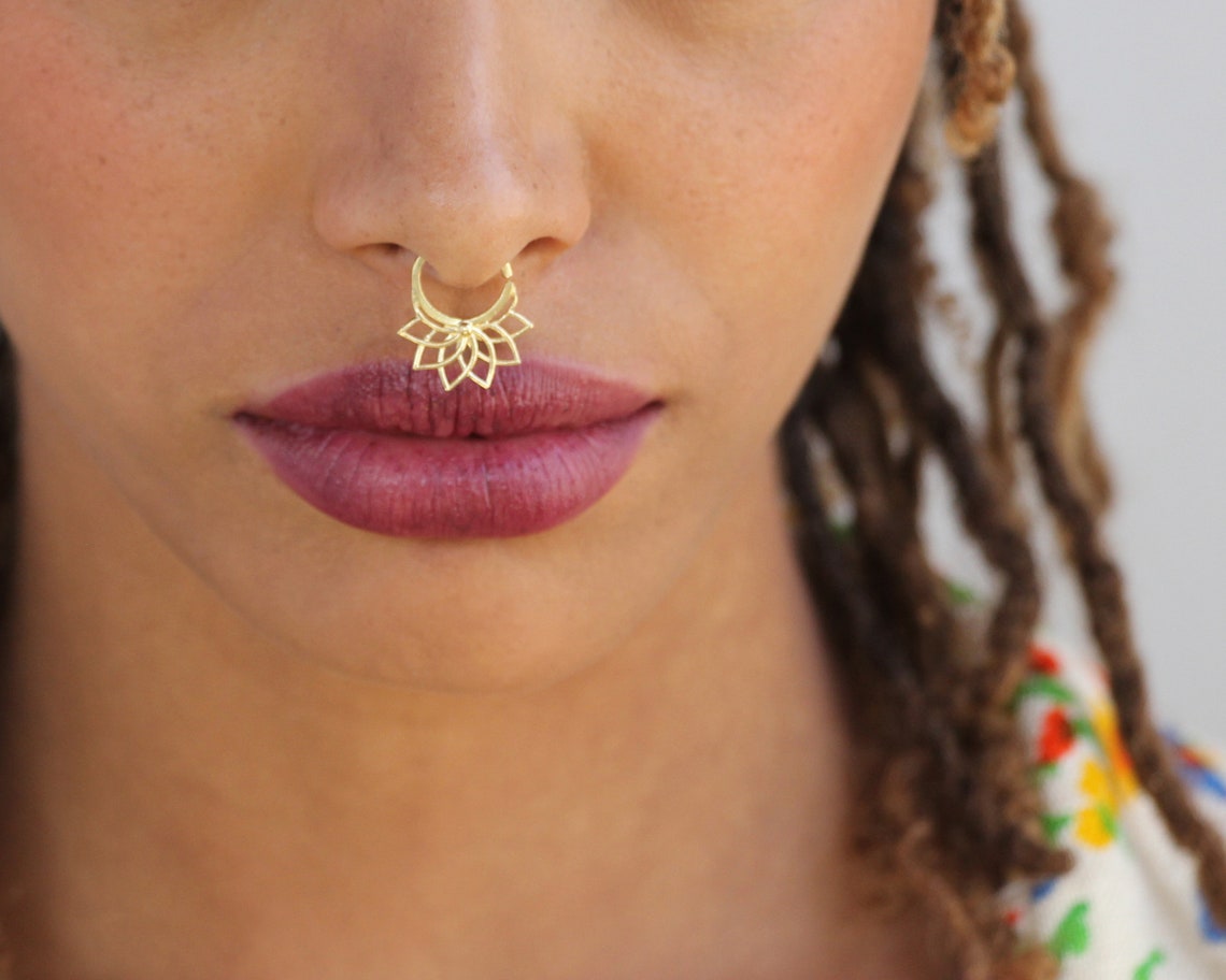 14k Gold Septum Ring Unique Septum Jewelry Lotus Septum - Etsy