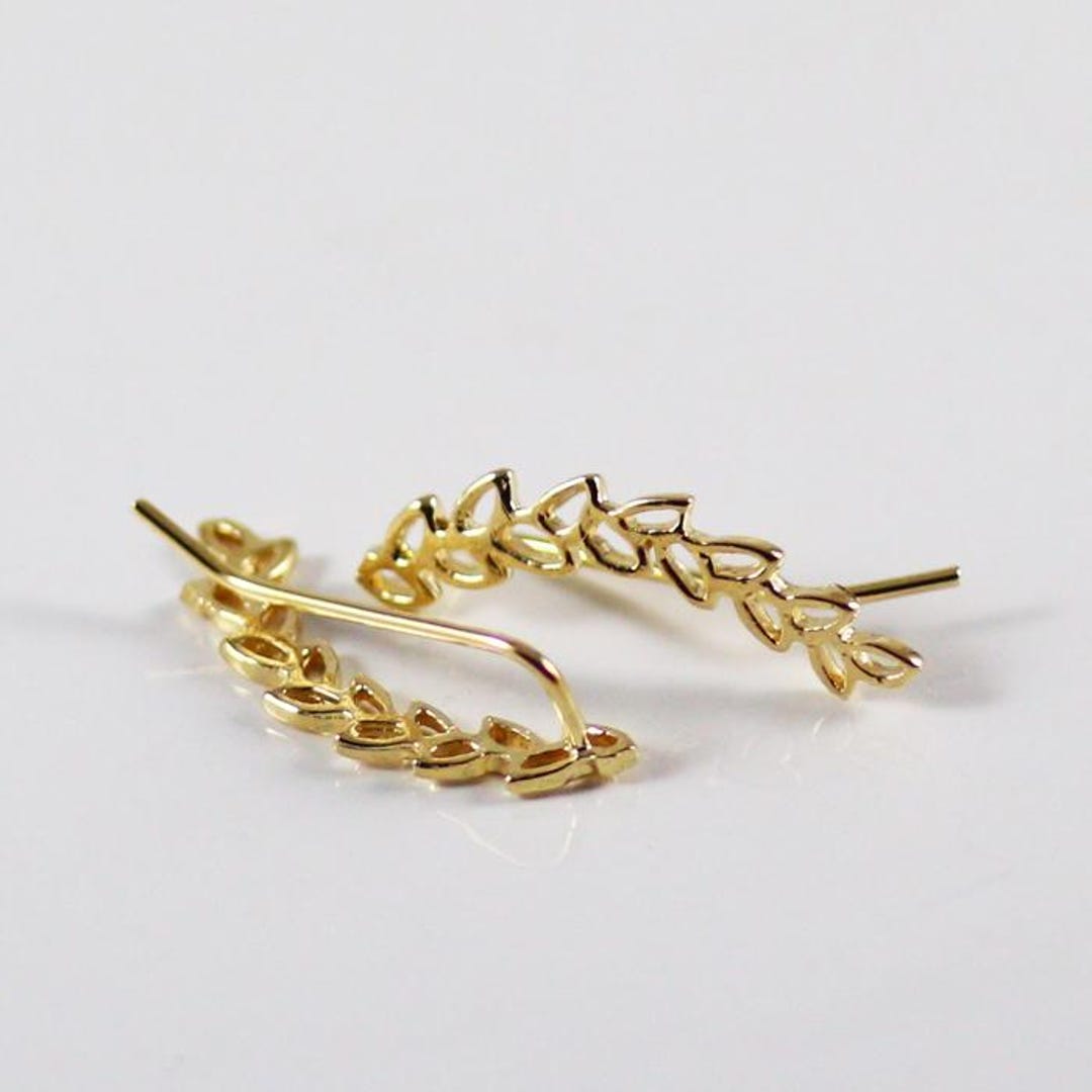 Leaf Climber Earrings, Solid 14k Gold Ear Crawlers, Nature Jewelry, Ear ...