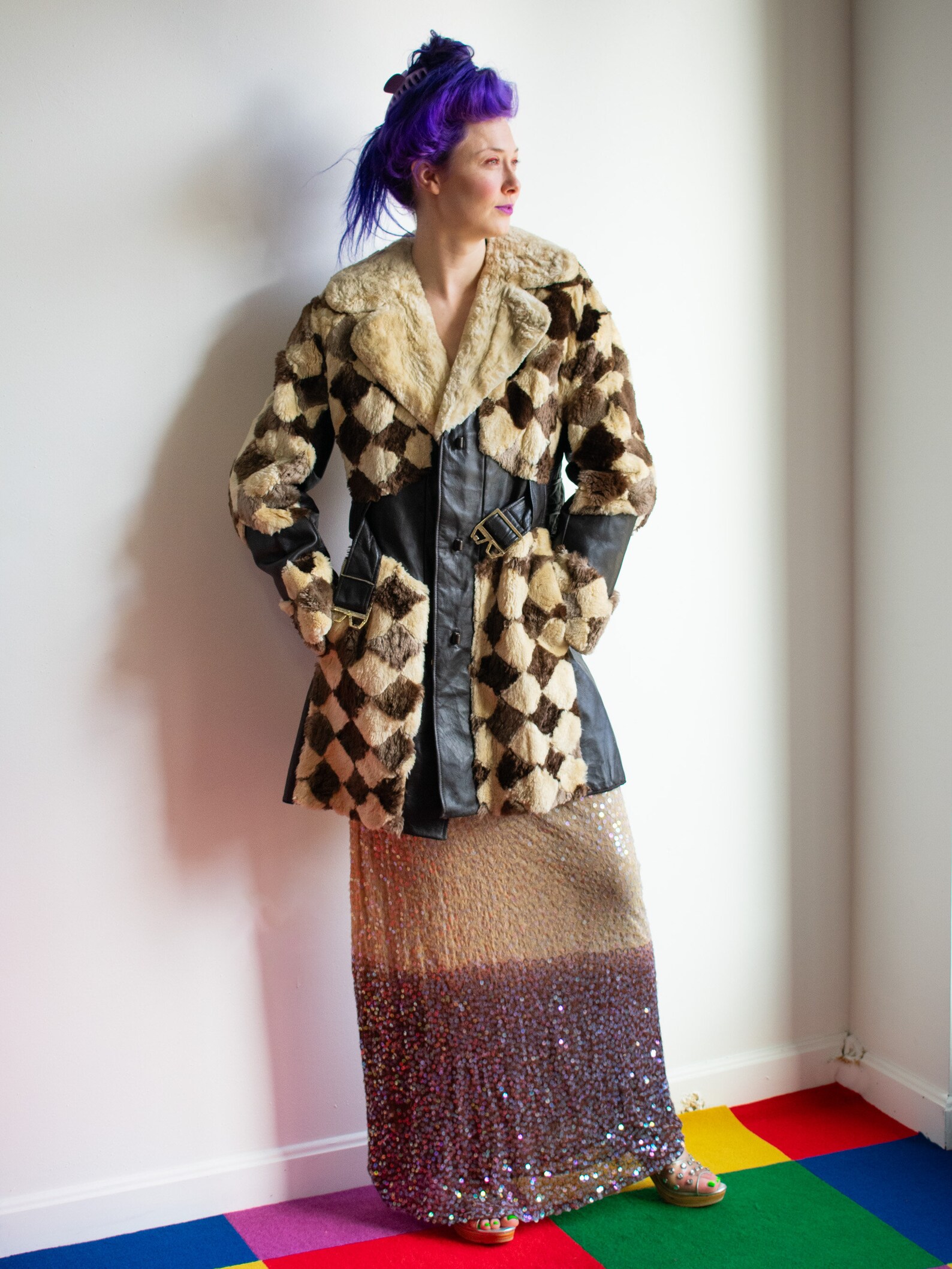 70s Sheared Beaver Cream and Brown Checkered Patchwork Turn Lock ...