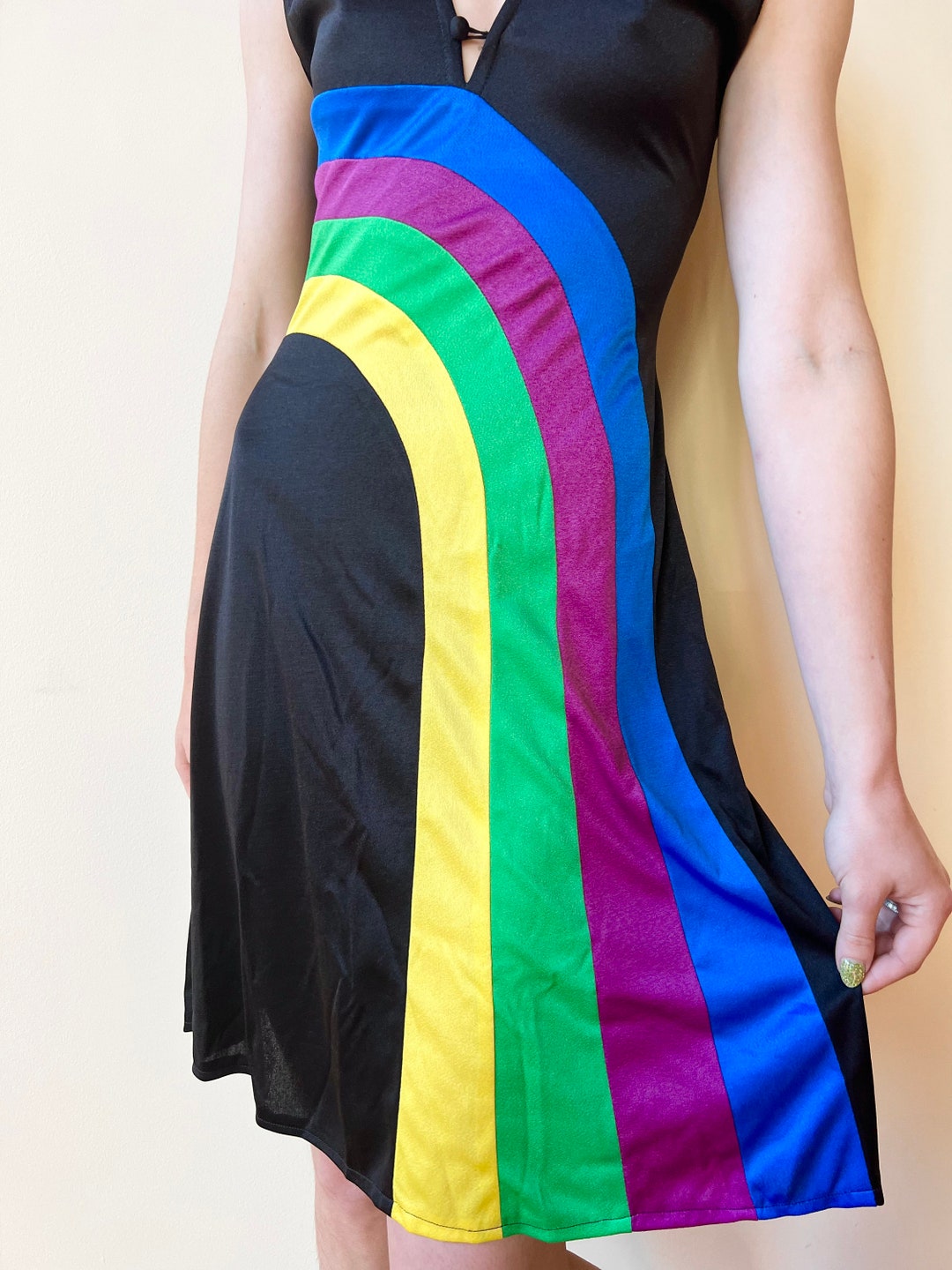 70s Lé Gambi Black Slinky Rainbow Mini Dress Open Back - Etsy
