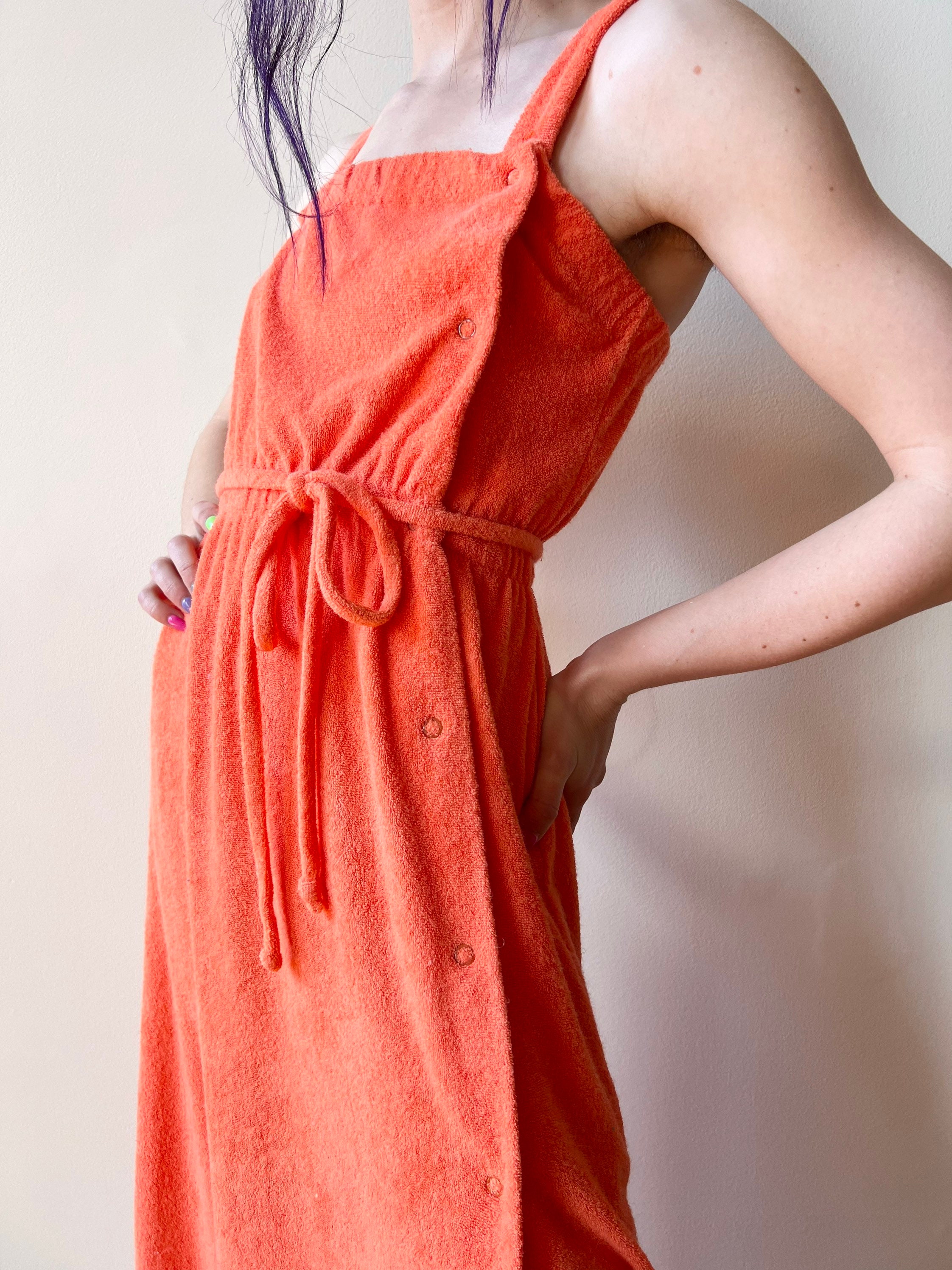 70s Orange Terry Cloth Snap up Strappy Sundress Coverup - Etsy