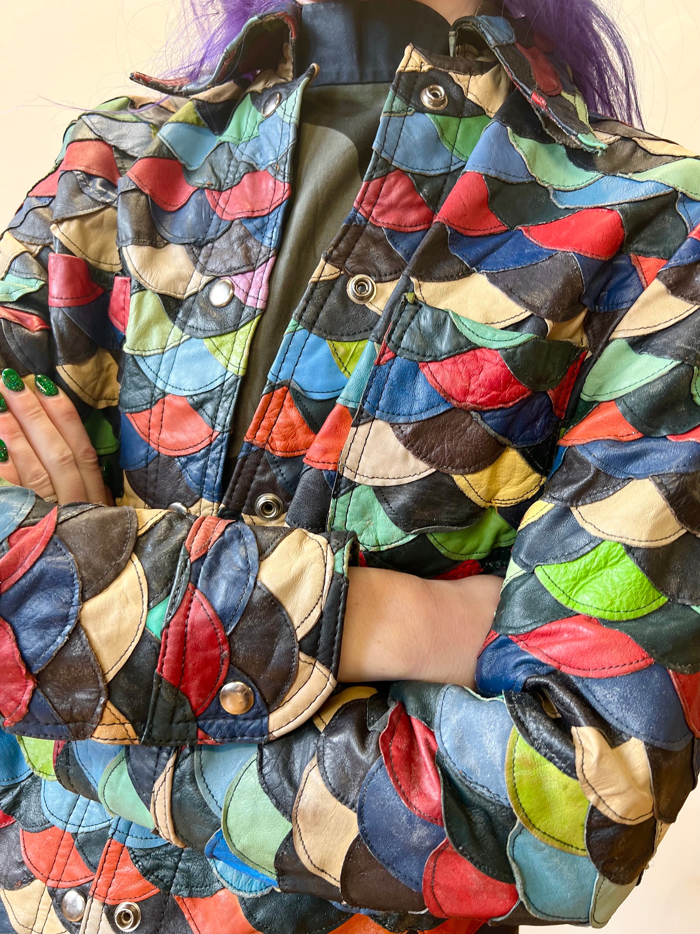 70s Bright Colorful Patchwork Leather Fish Scale Snap Shacket Jacket - Etsy