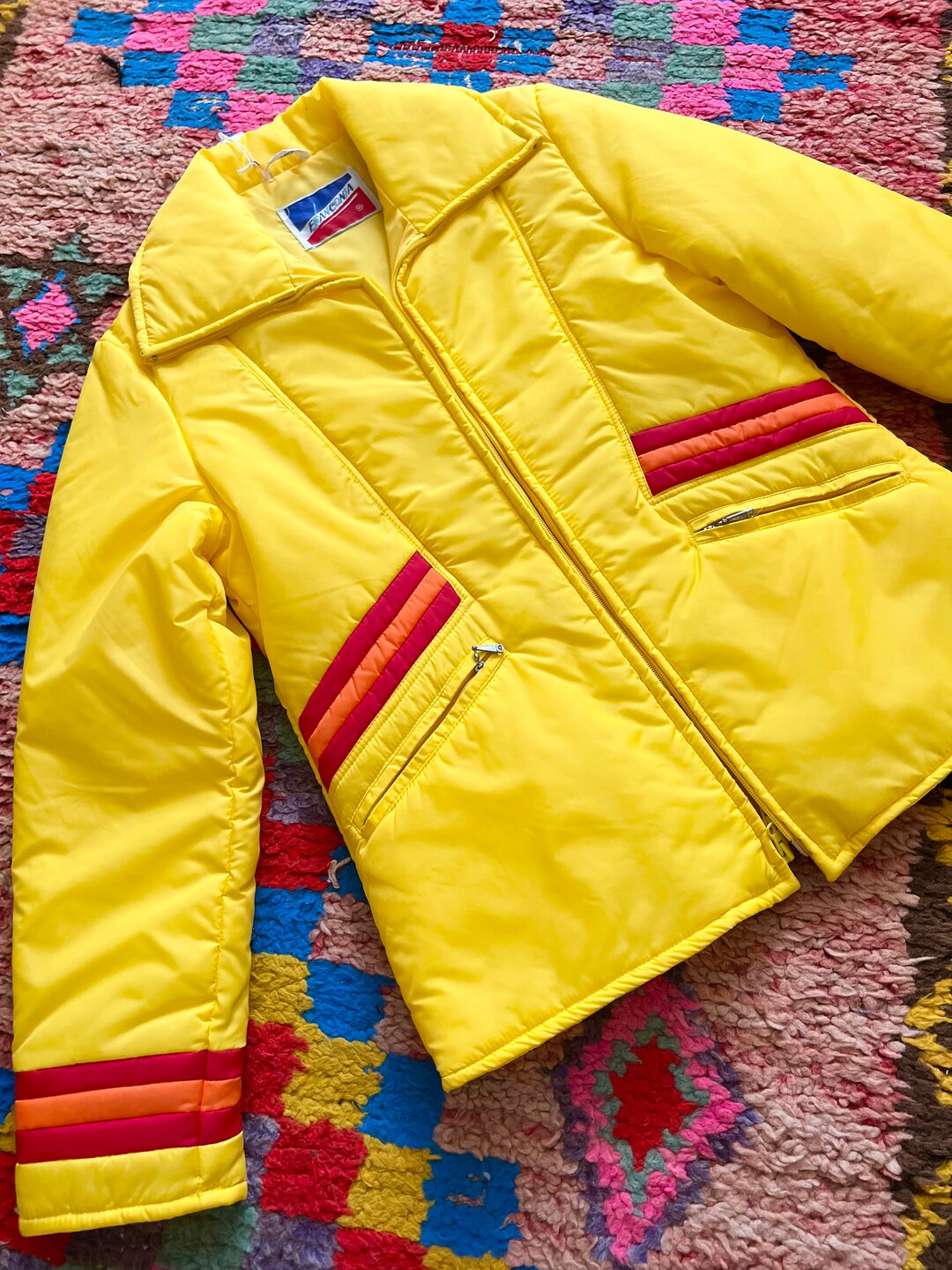 70s Franconia Bright Yellow Red Stripe Puffer Ski Coat Jacket - Etsy