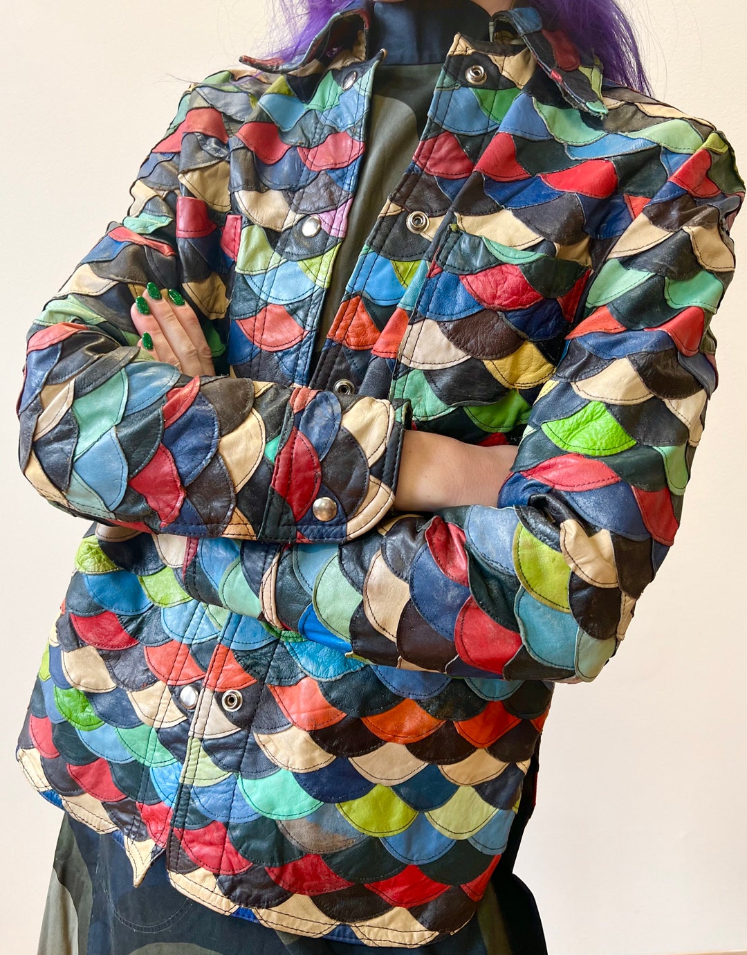 70s Bright Colorful Patchwork Leather Fish Scale Snap Shacket Jacket - Etsy