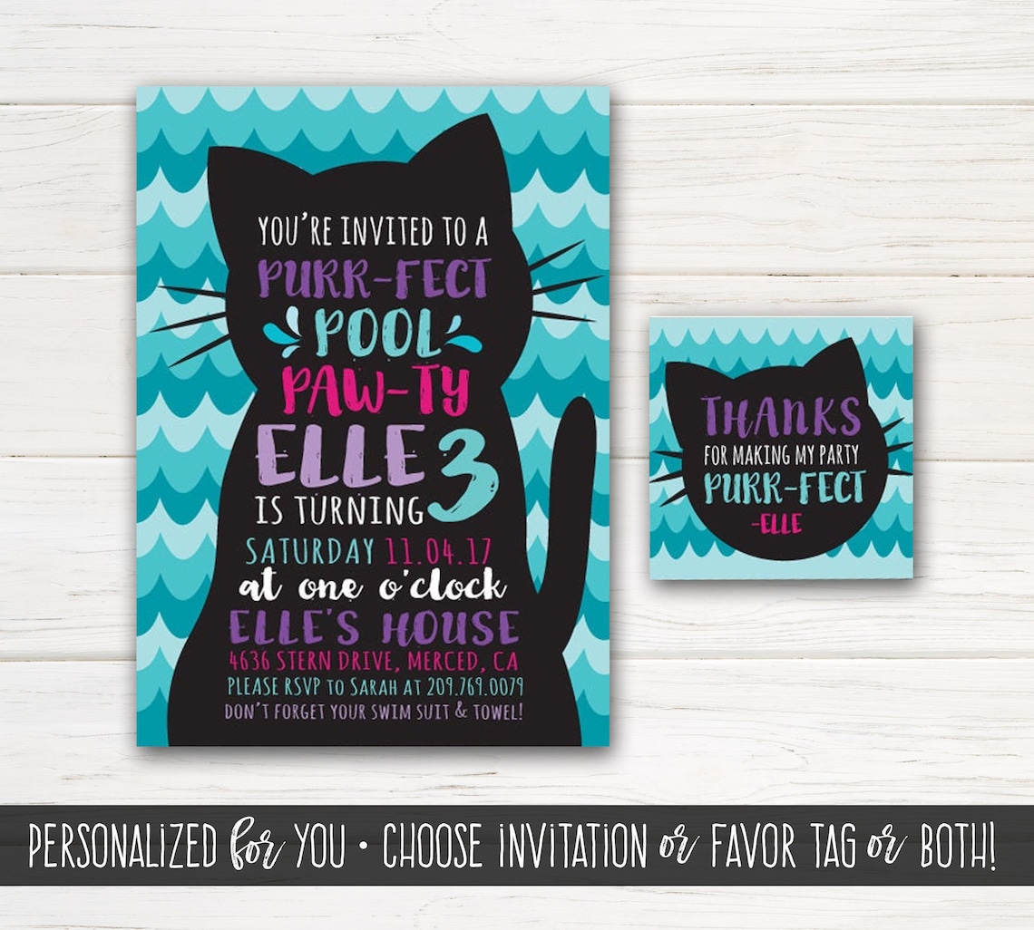 Kitty Cat Pool Pawty Invitation Cat Pool Birthday Party | Etsy