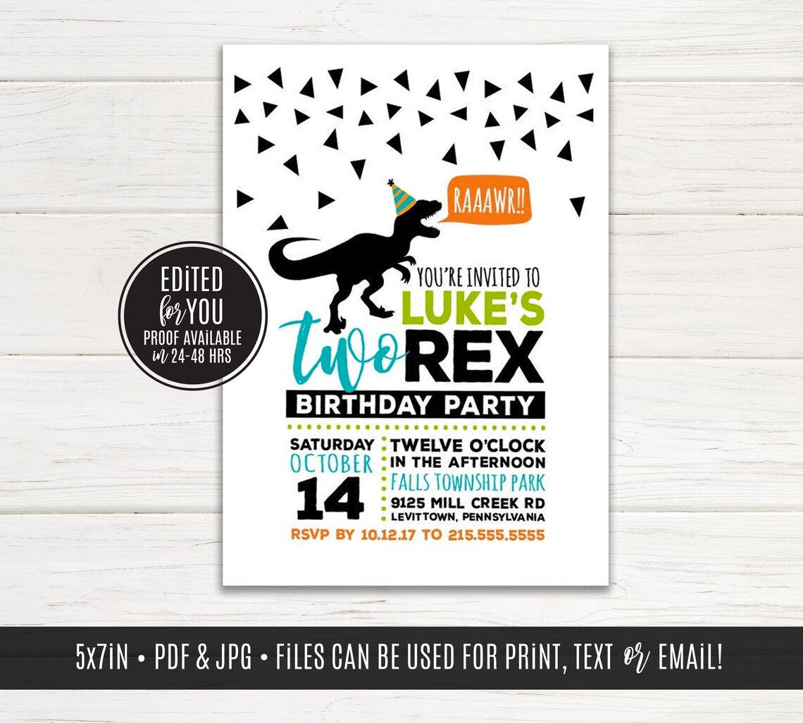 TWO Rex Birthday Party Second Birthday Dinosaur Invitation - Etsy