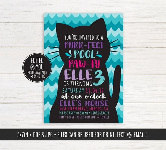 Kitty Cat Pool Pawty Invitation Cat Pool Birthday Party | Etsy