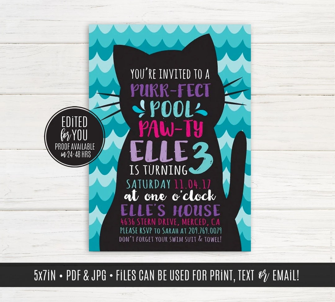 Kitty Cat Pool Pawty Invitation, Cat Pool Birthday Party Invite, Kitty ...